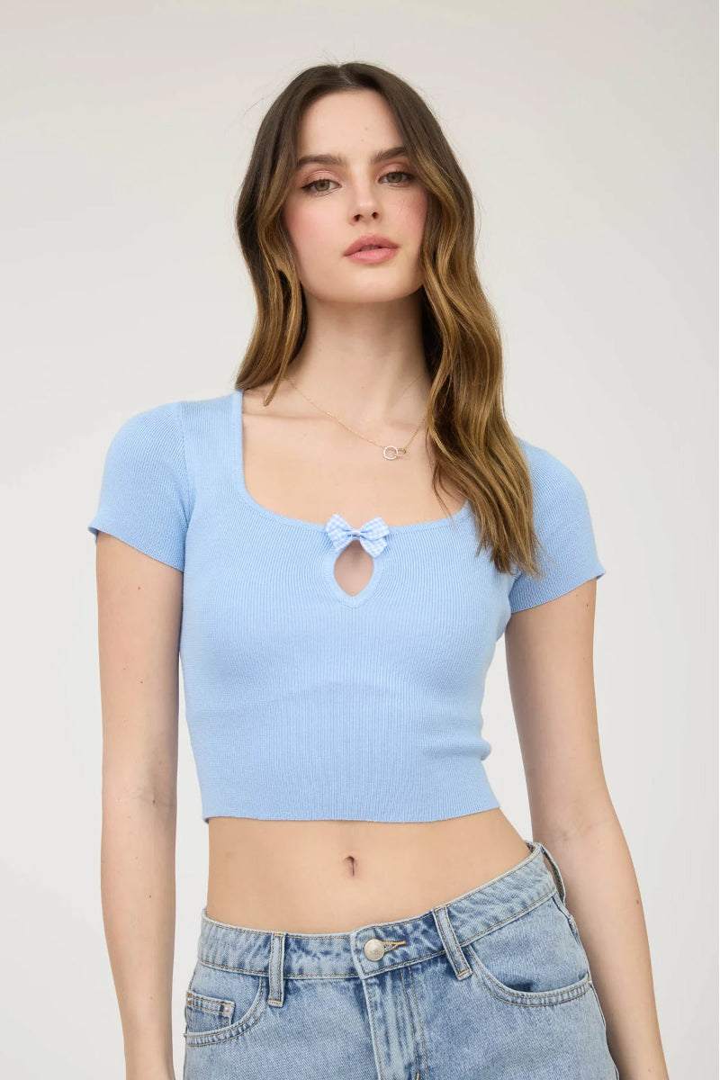 BLU PEPPER Women's Gingham Bow Cut-Out Crop Tee | Below The Belt ...